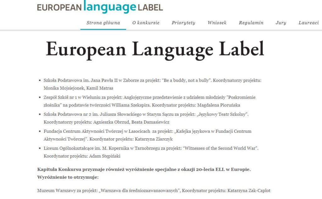 "Dwójka" Laureatem Konkursu EUROPEAN LANGUAGE LABEL 2019 ...